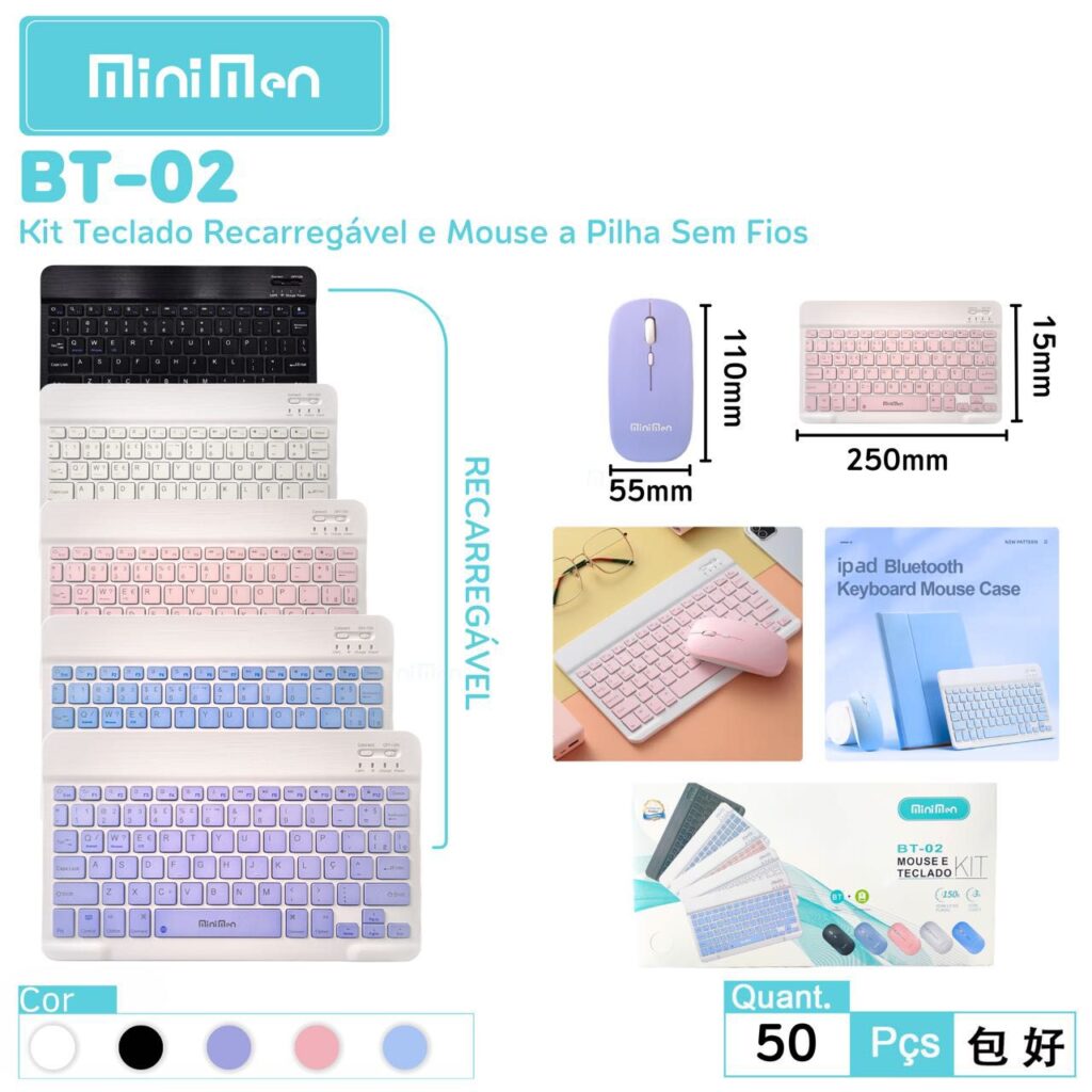 Kit Teclado Regarregavel Sem Fio Com Mouse Leon BT-02 Colorida – WZH Eletronico
