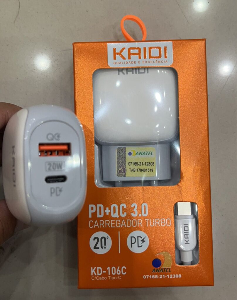 Carregador Tipo-c Turbo Kaidi KD-106c 20W Power 3.0 Fonte Entrada USB ...