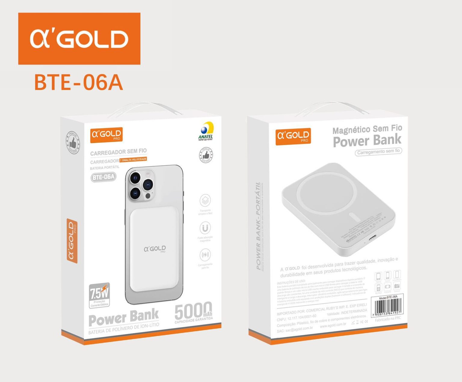 Carregador Portatil Inducao Magnetico P/Iphone 12/13 5000mAh A’GOLD BTE-06A 7,5W – WZH Eletronico